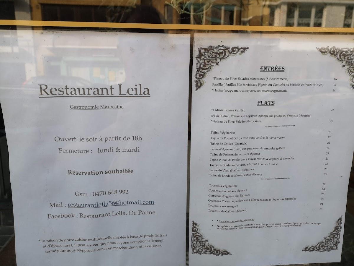 Menu au Restaurant Leila, La Panne