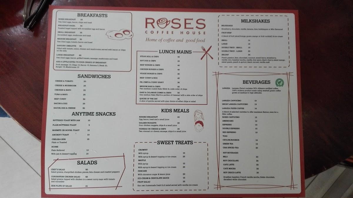 Menu at Roses Coffee House, Kloof