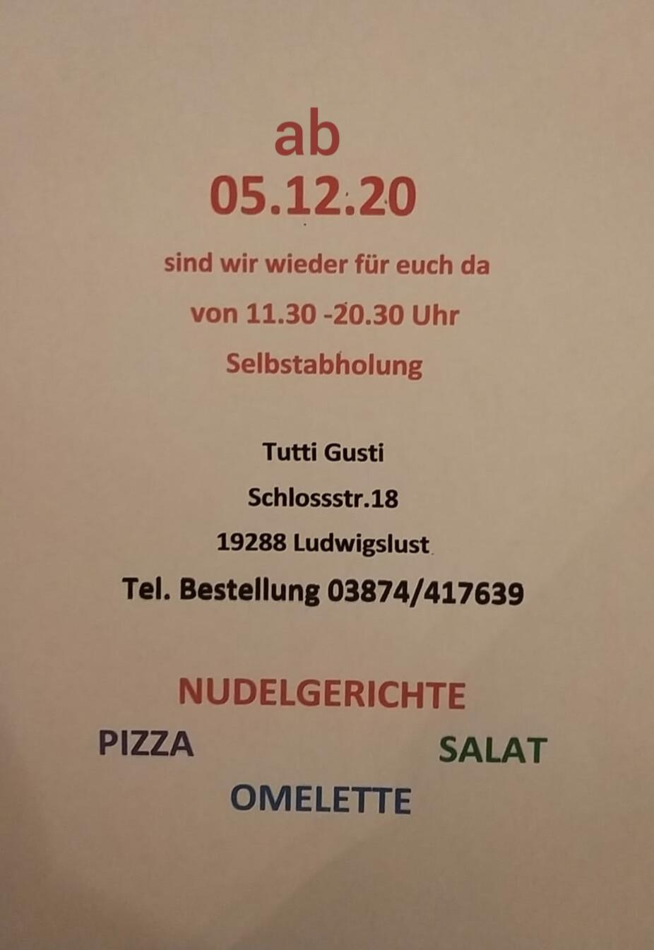 Speisekarte von Tutti Gusti restaurant, Ludwigslust