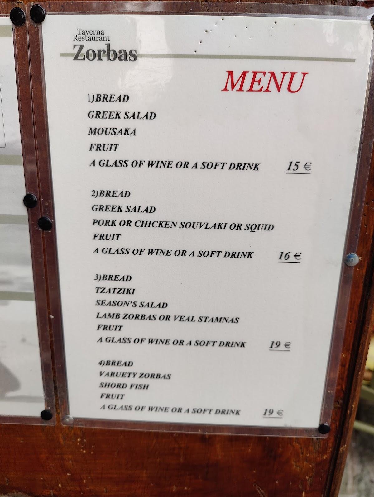 Menu at Zorbas Restaurant, Athens