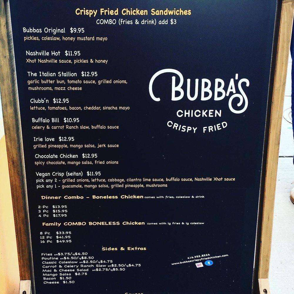 Menu at Bubba's Crispy Fried Chicken restaurant, Toronto, 247 Queen St W