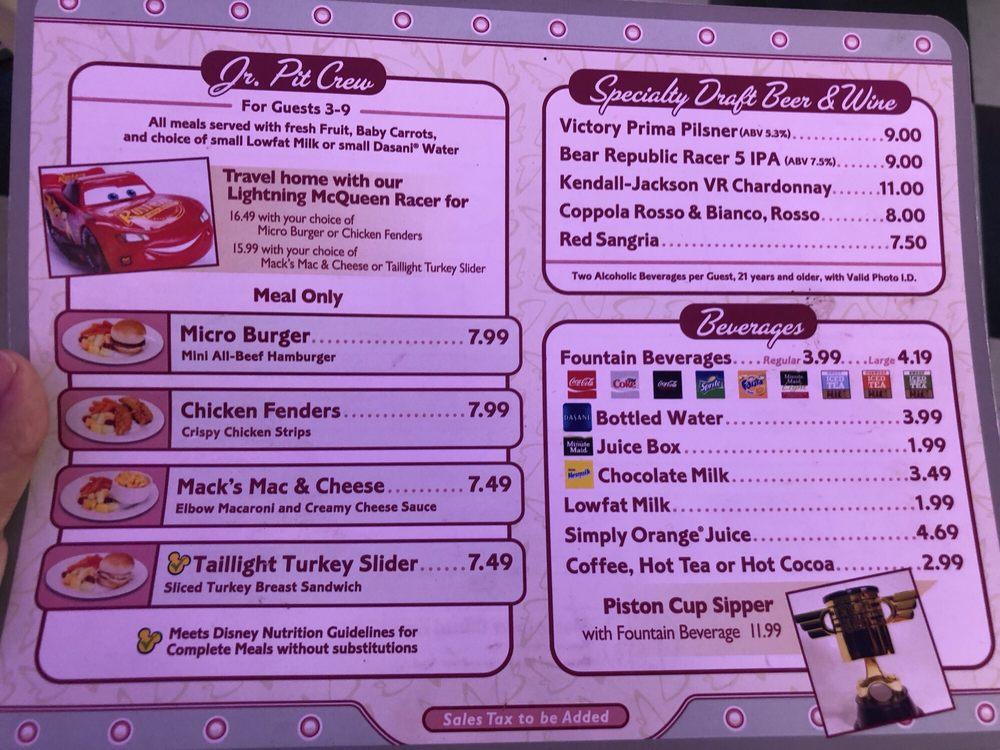 Menu at Flo's V8 Cafe, Anaheim, Disney California Adventure Park