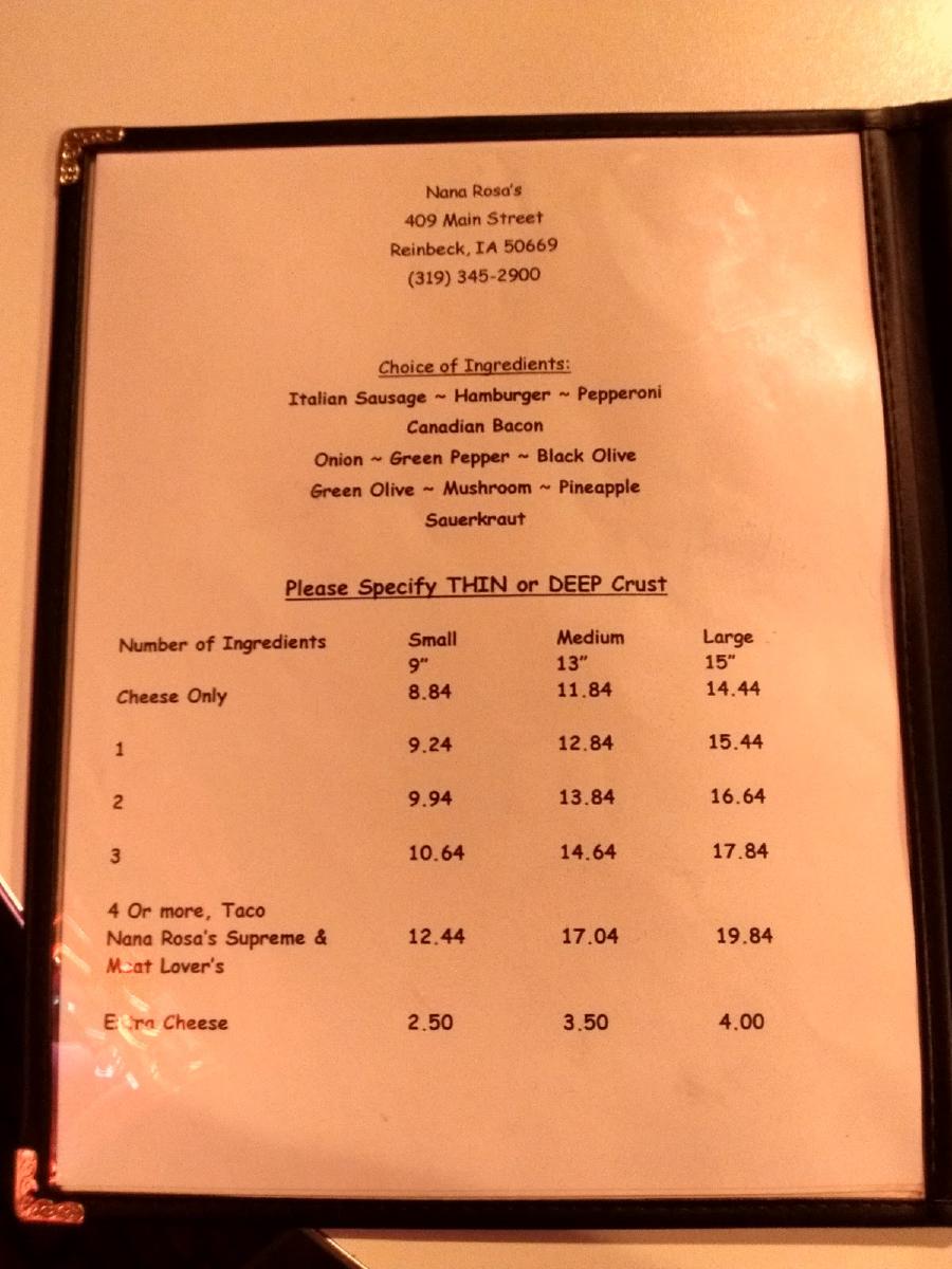 Menu at Nana Rosa's Pizza pizzeria, Reinbeck