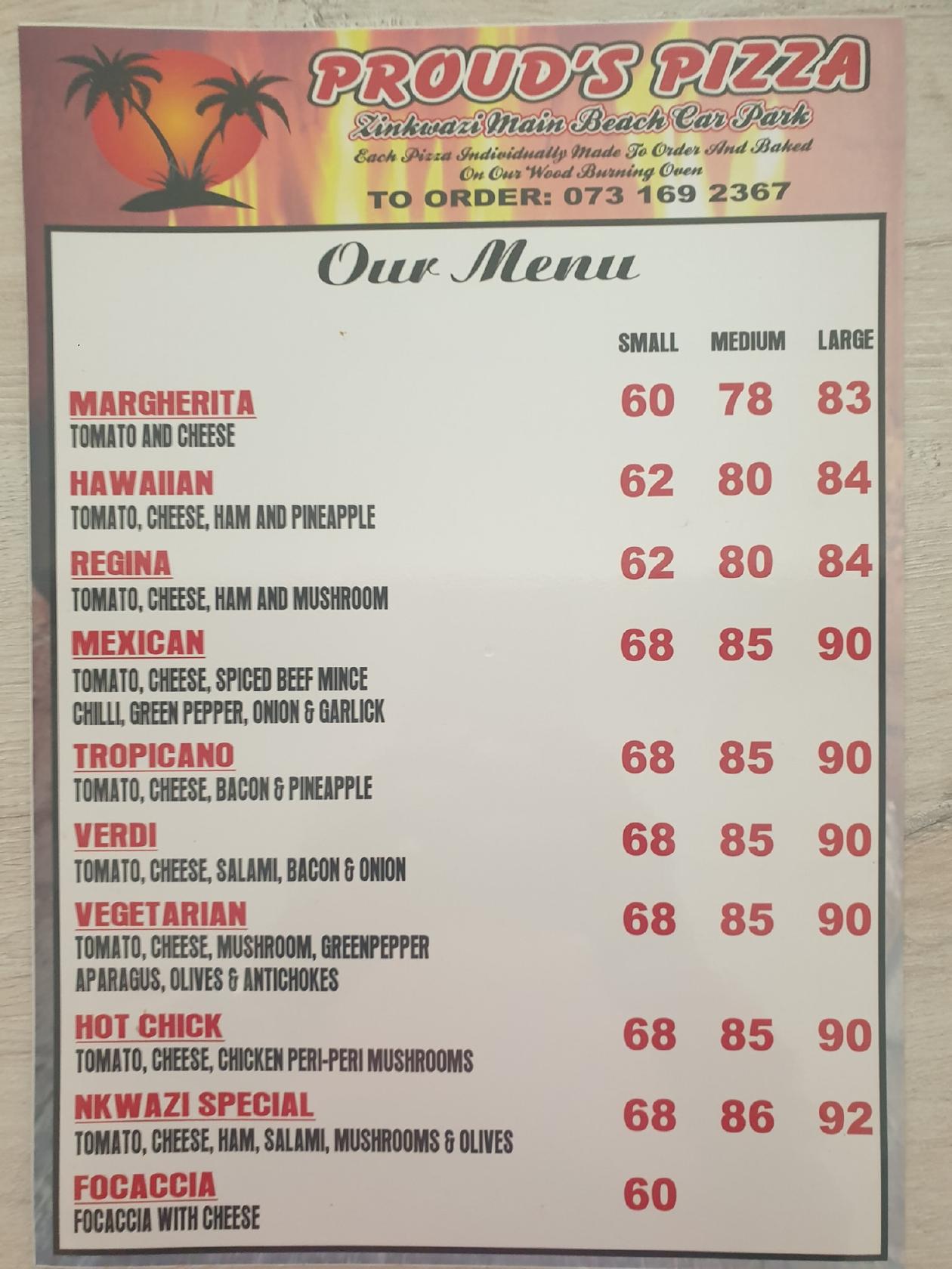 Menu at Proud's Pizzas Zinkwazi Beach pizzeria, Nkwazi