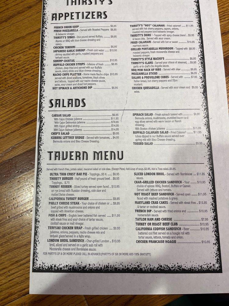 Menu at Thirsty's Restaurant and Tavern, Branchburg