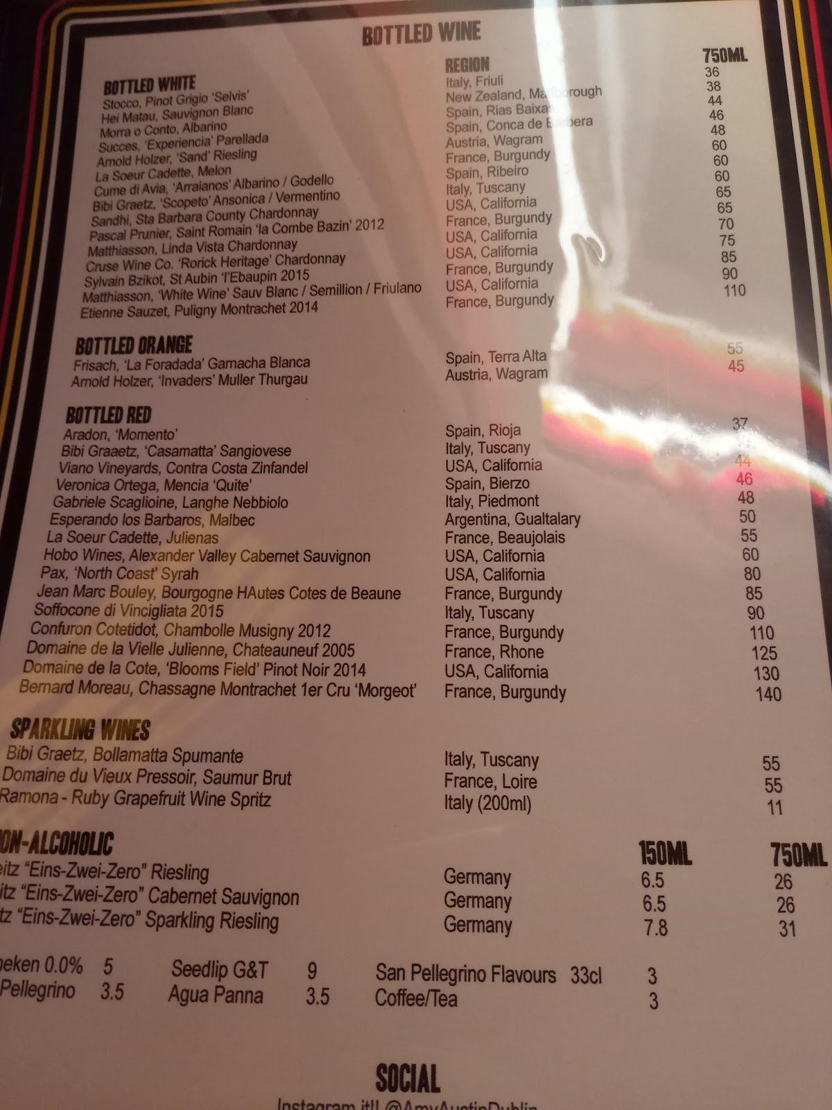 Menu at Amy Austin restaurant, Dublin