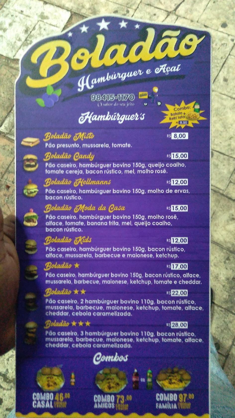Menu at Boladão Hambúrguer e Açai restaurant, Brazil