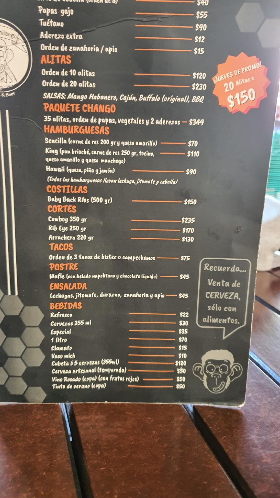 Menu at Chango chilango restaurant, Mexico