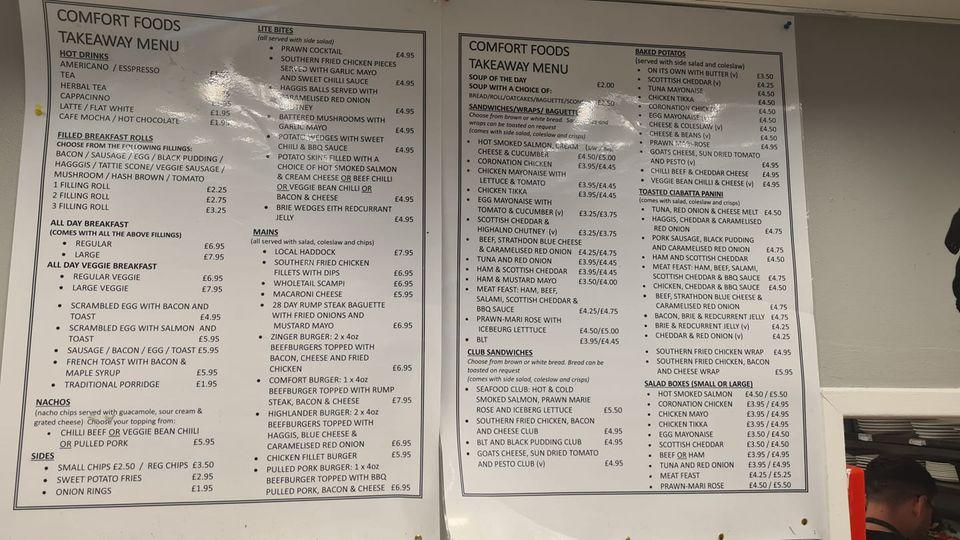 Menu at Comfort Foods fast food, Inverness