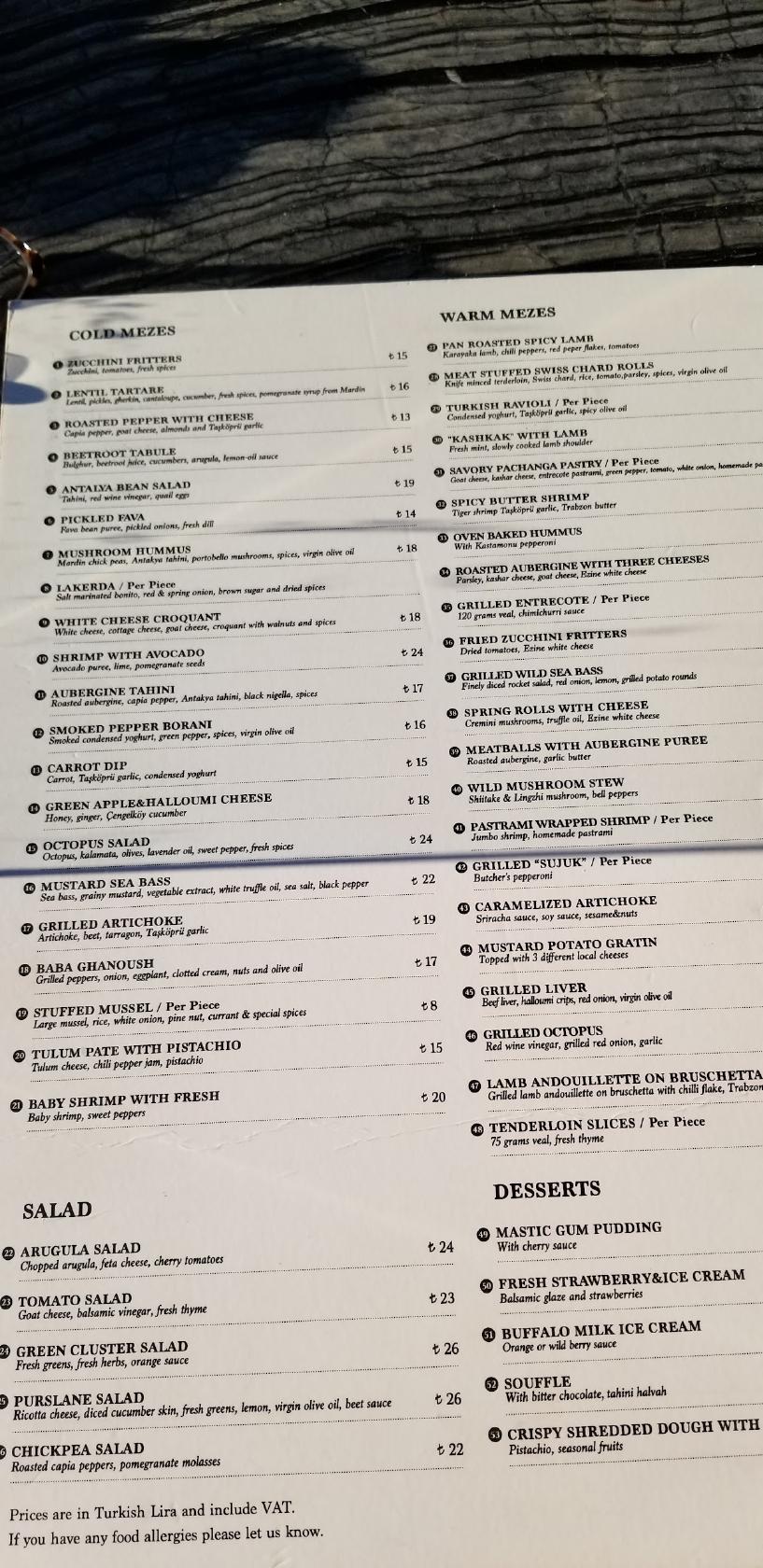 Menu at Duble Meze Bar, Istanbul, Palazzo Donizetti Hotel