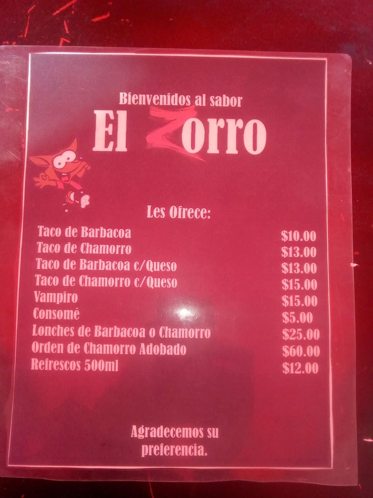 Carta del restaurante El Zorro, Guadalajara