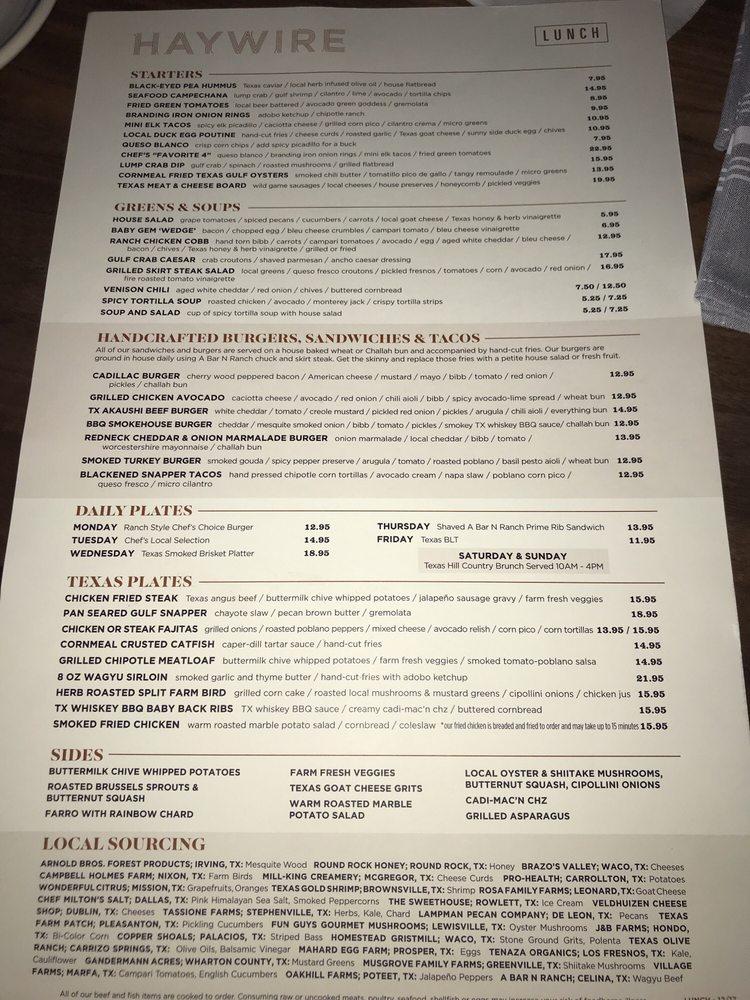 Menu at Haywire restaurant, Plano