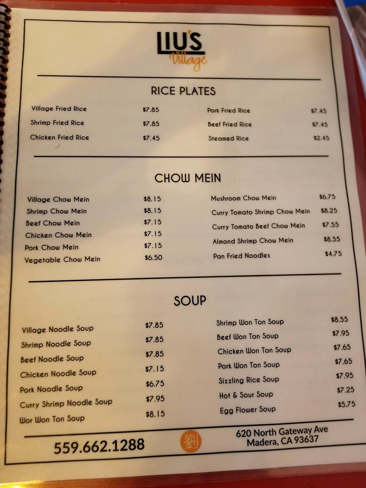 Menu at Liu's Village restaurant, Madera