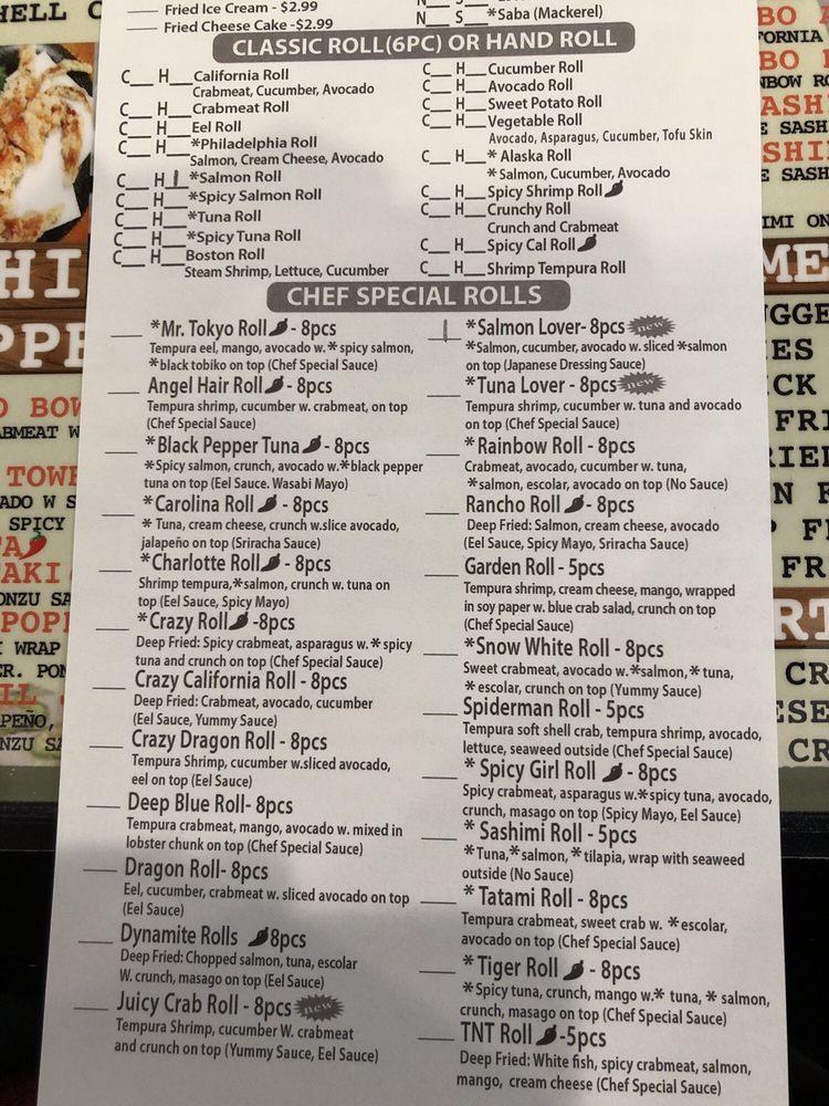 Menu at Mr Tokyo Japanese Restaurant, Chapel Hill