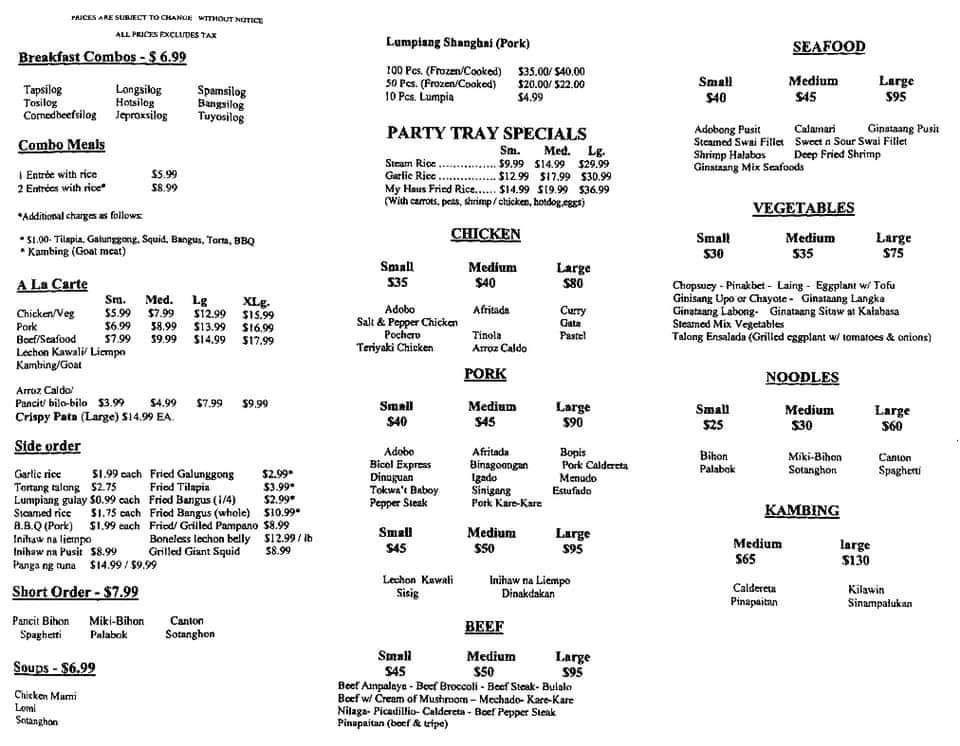 Menu at My Haus Filipino Bakery & Restaurant, Murrieta