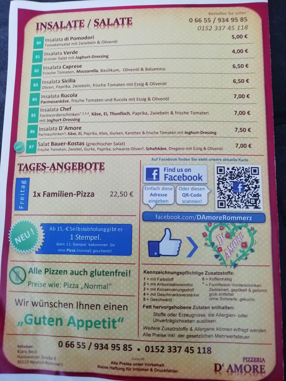 Menu at Pizzeria D'Amore, Freiensteinau