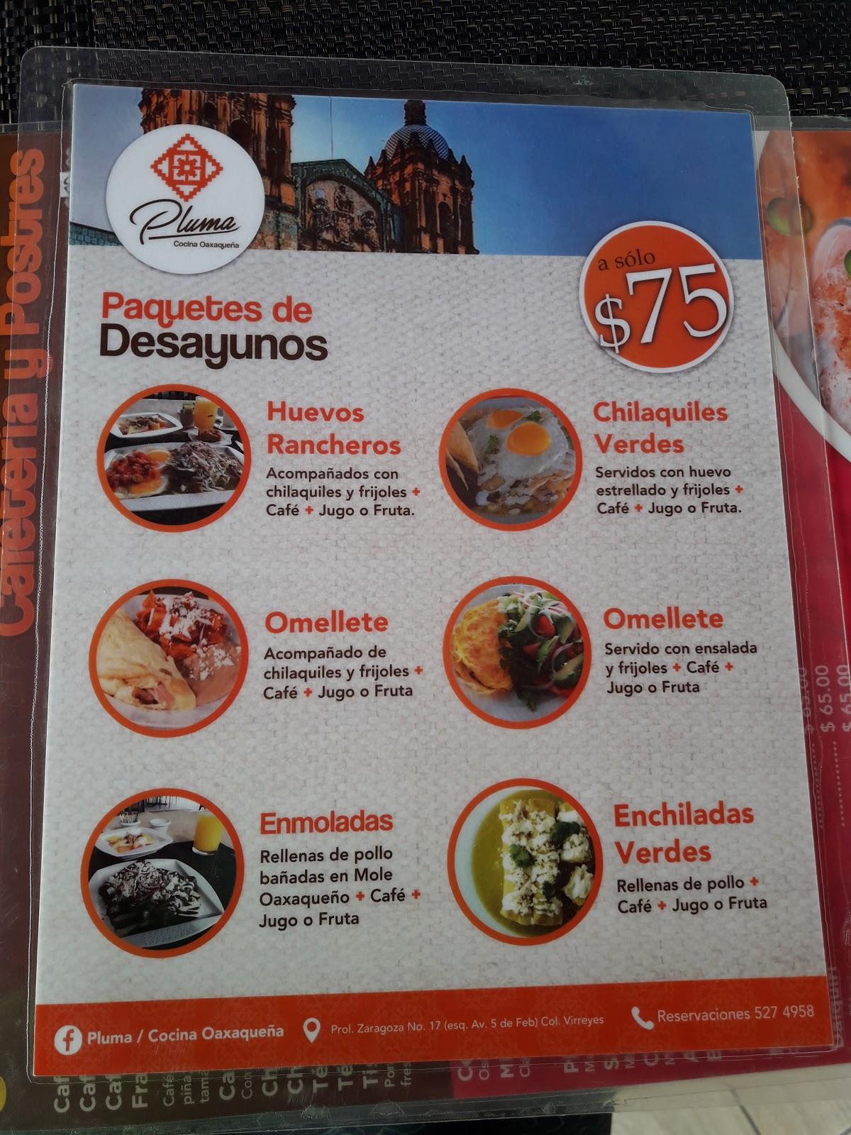 Menu at Pluma Grano De Oro restaurant, Santiago de Querétaro