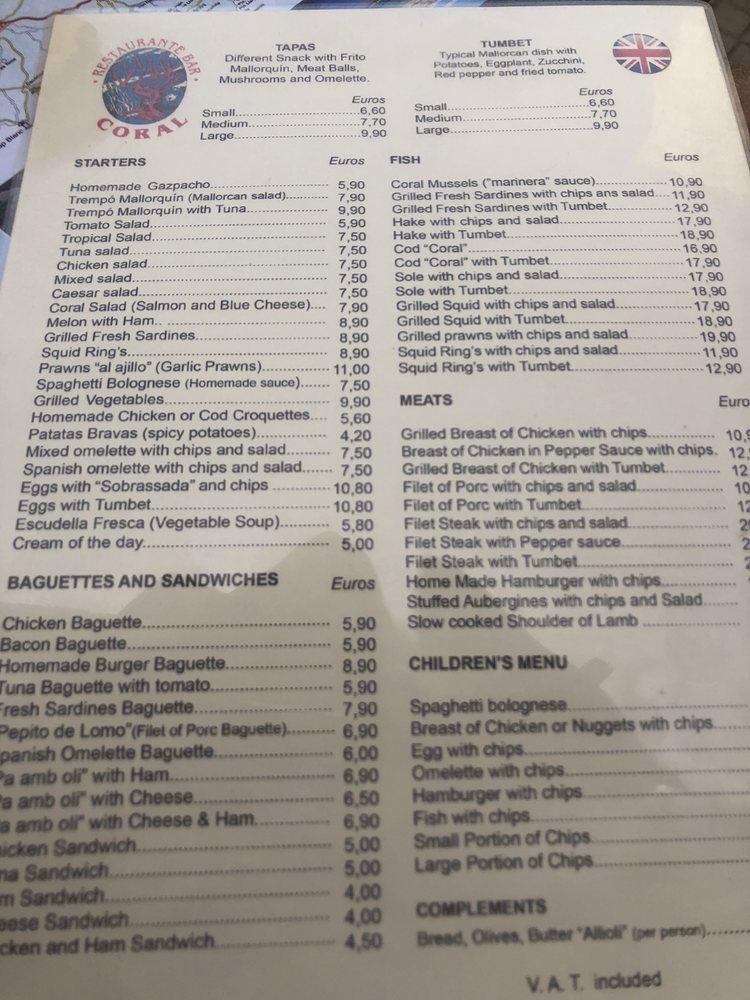 Menu at Bar Coral, Port de Pollença, Bar Coral