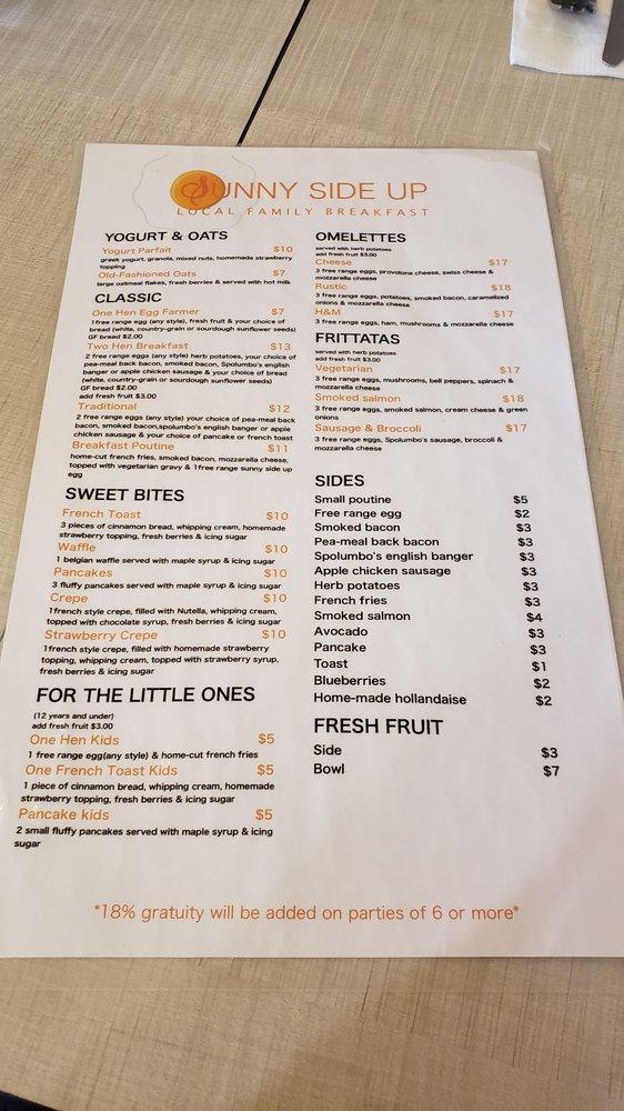Menu at SUNNY SIDE UP cafe, Cochrane
