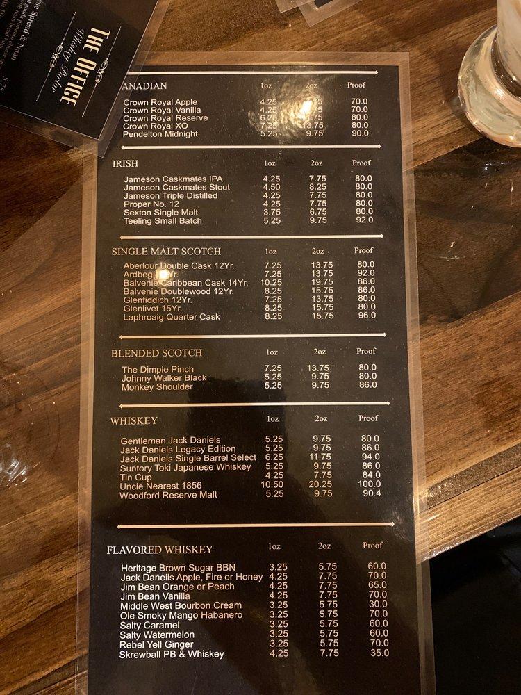 Menu at The Office Whiskey Parlor pub & bar, Parkersburg