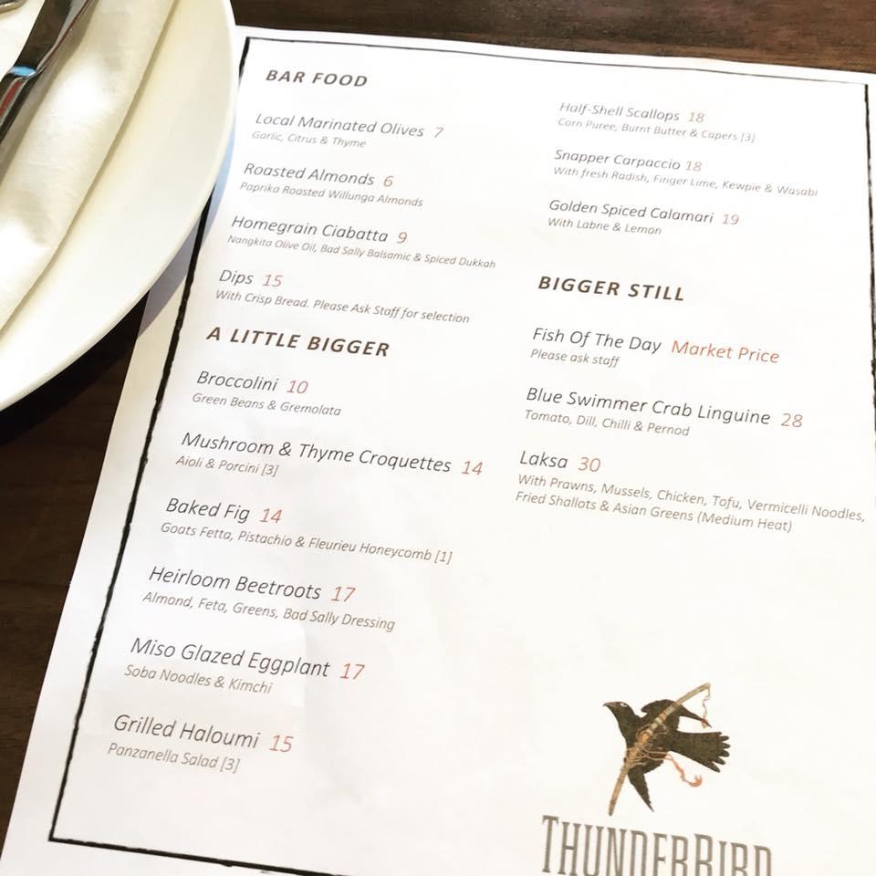 Menu at Thunderbird restaurant, Port Elliot