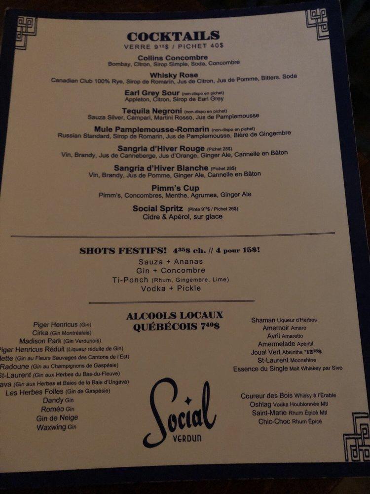 Menu au Bar Social Verdun, Montréal