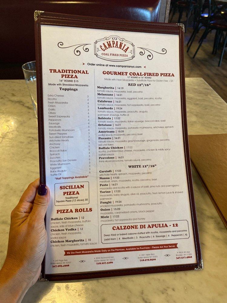 Menu at Campania Coal-Fired Pizza pizzeria, New York City, Hylan Blvd