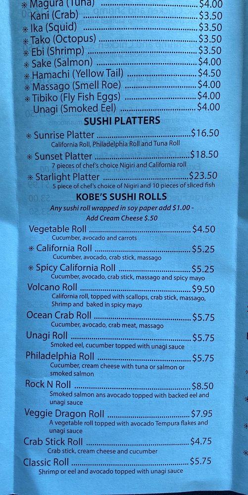 Menu at Kobe Express restaurant, Cherokee