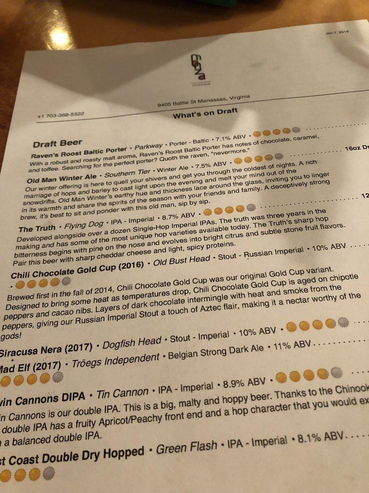 Menu at Monza pub & bar, Manassas, Battle St