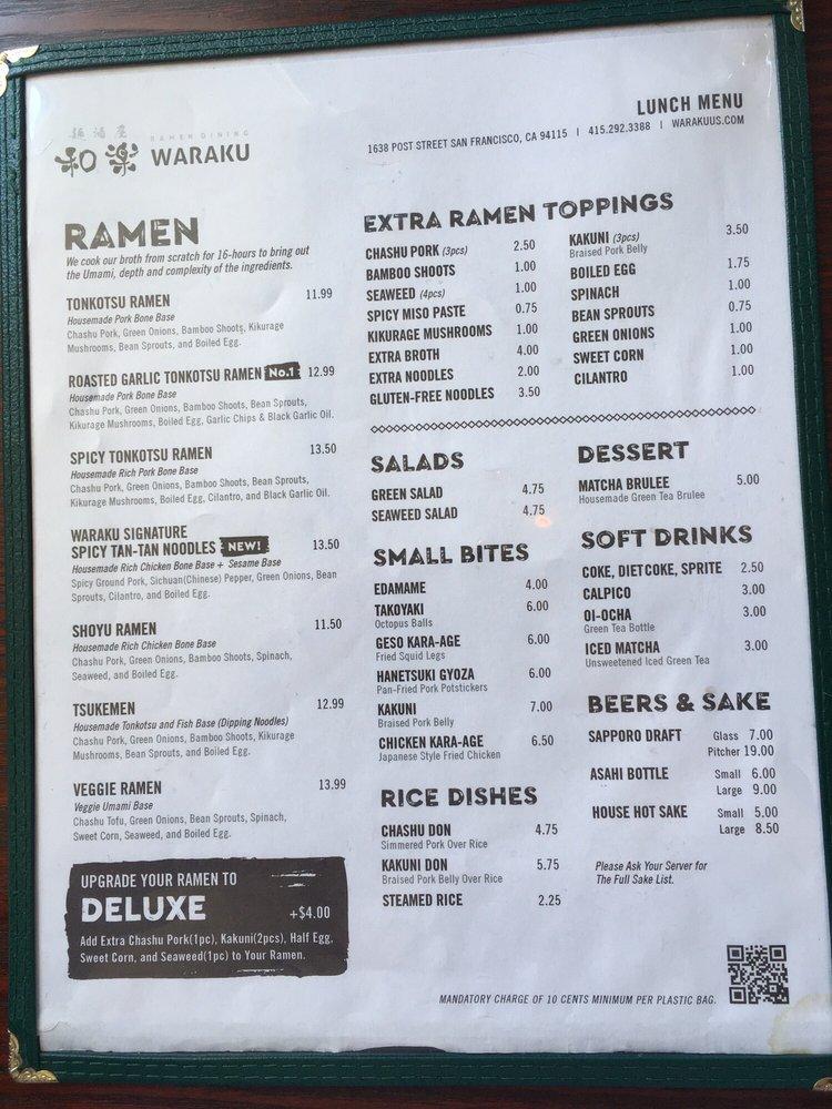 Menu at Waraku restaurant, San Francisco