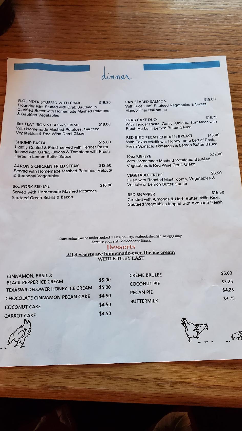 Menu at the Backyard Bistro restaurant, Pipe Creek