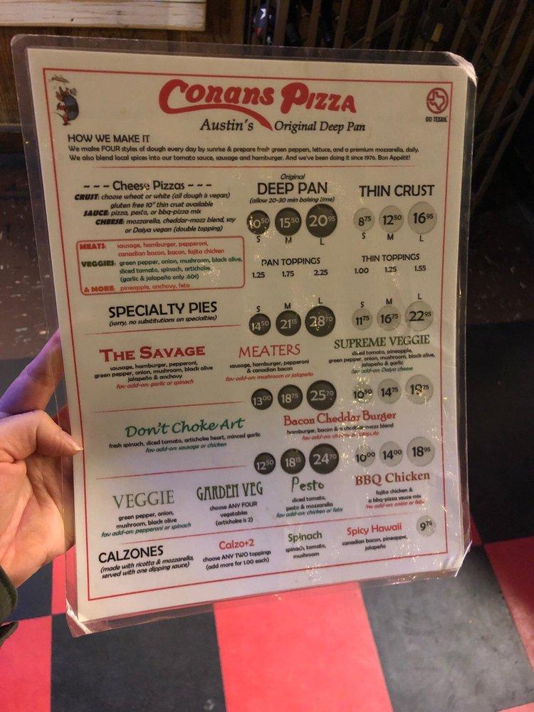 Carta de pizzería Conans Pizza North, Austin