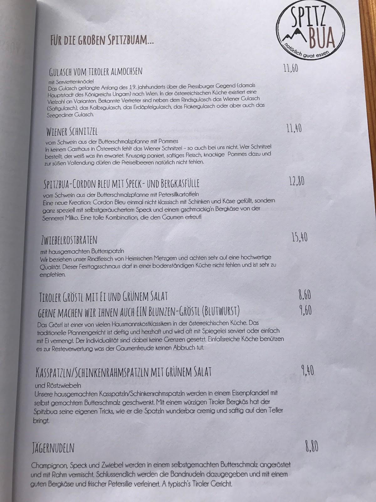 Speisekarte von Gasthaus Spitzbua restaurant, Innsbruck