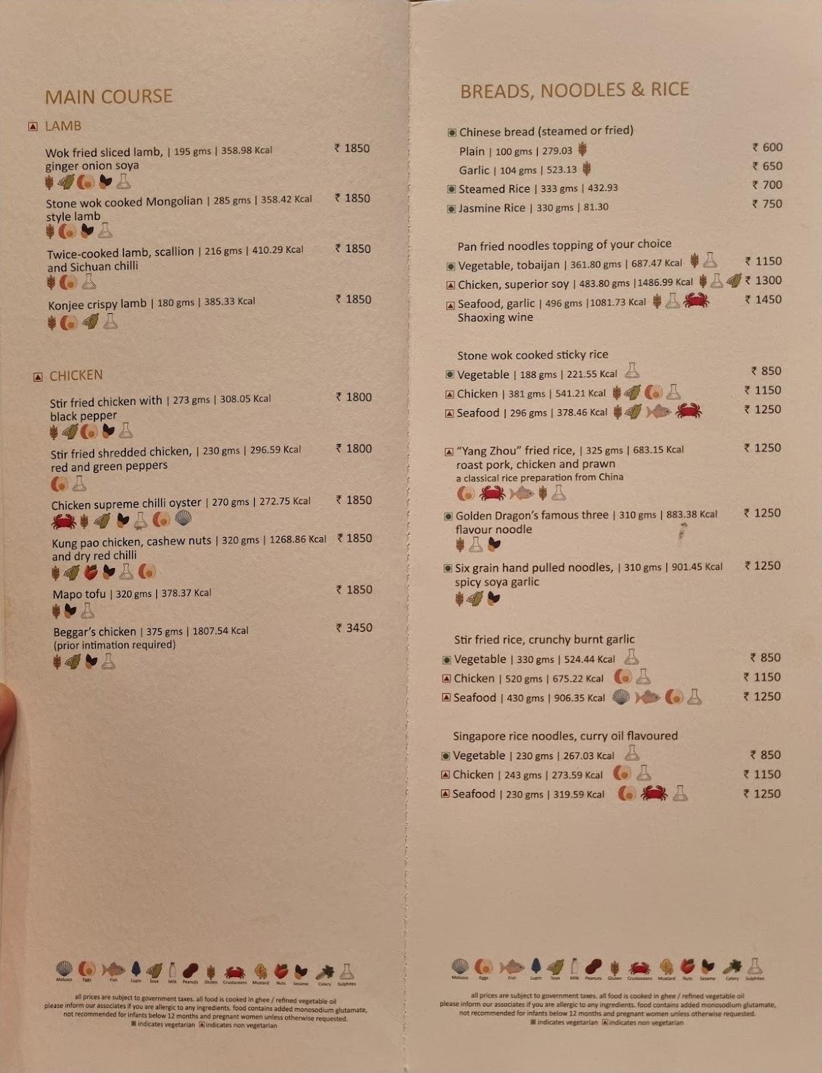 Menu at Golden Dragon, Mumbai, The Taj Mahal Palace