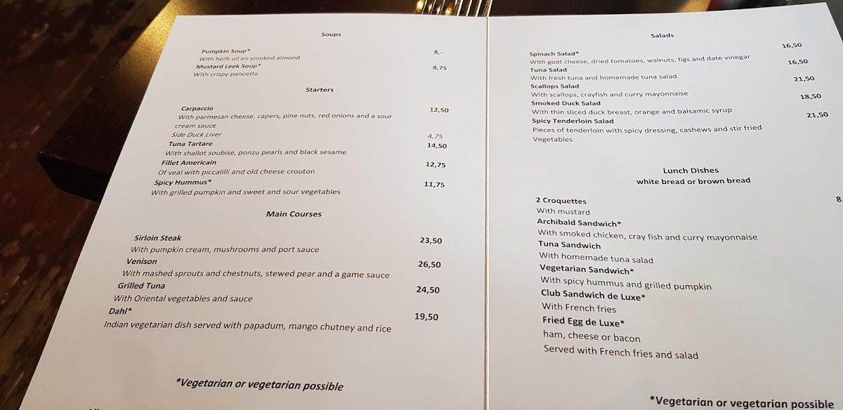 Menu at Grand Café Restaurant Archibald, Bussum