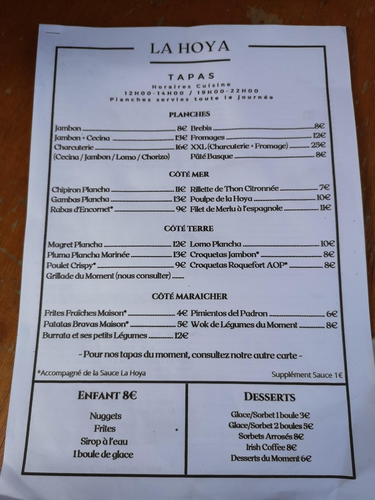 Menu at LA HOYA - Restaurant - Bar - Tapas, Labenne