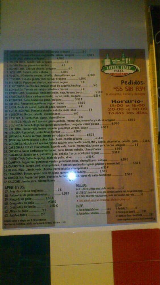 Menu at Little Italy restaurant, Seville