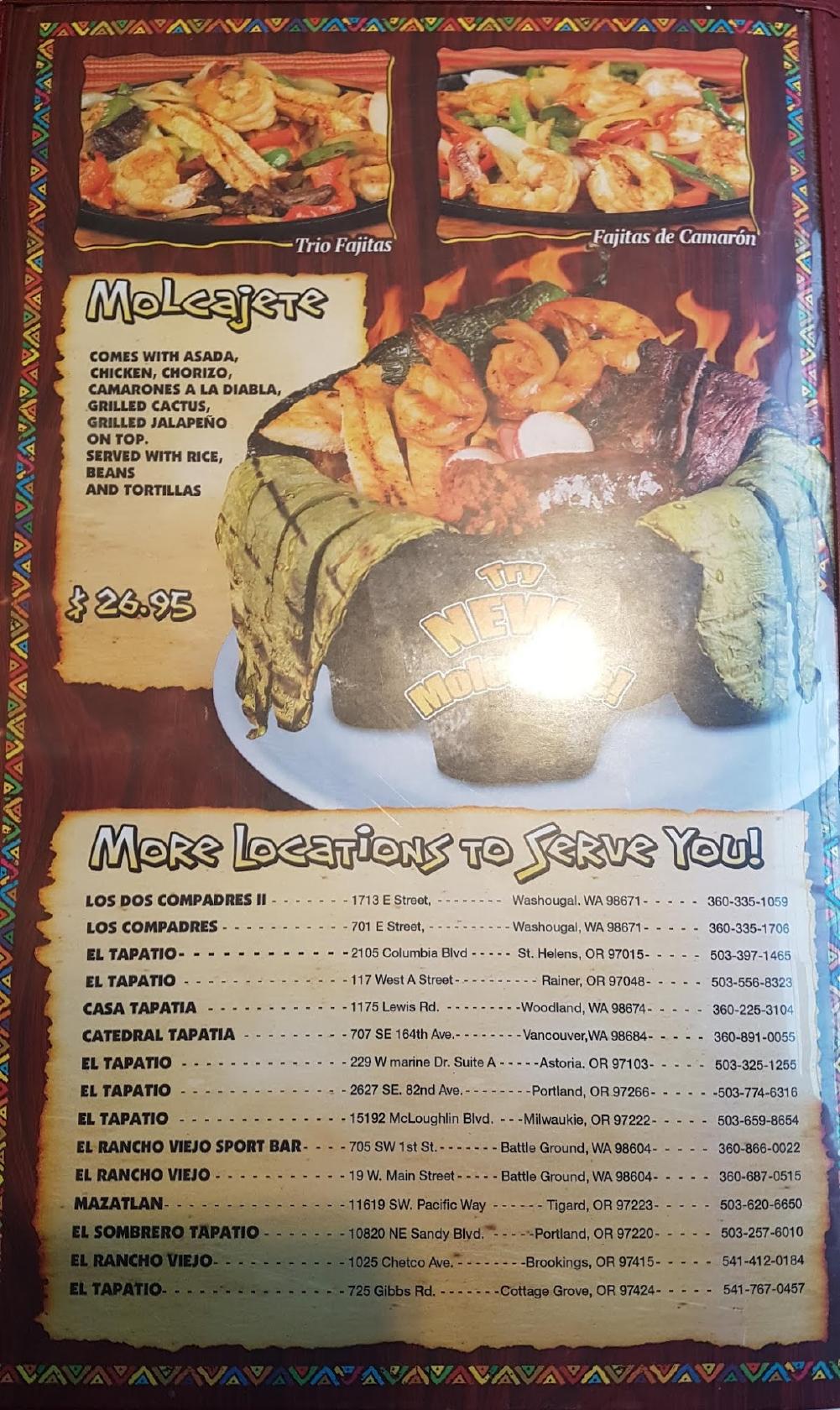 Menu at Los Dos Compadres restaurant, Washougal, 701 E St