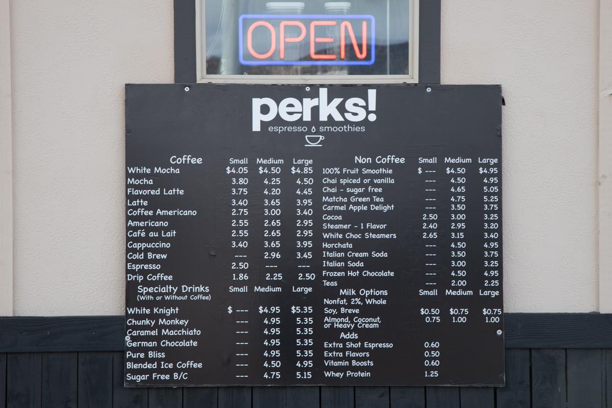 Menu at Perks! Coffee, Espresso, & Smoothies pub & bar, Cedar City