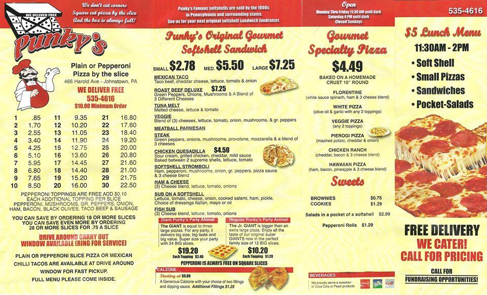 Menu at Punky's Soft Shells pizzeria, Johnstown, 466 Harold Ave