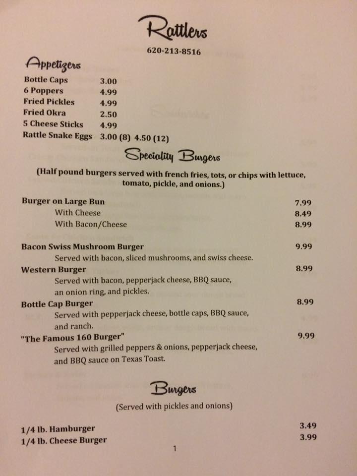 Menu at Rattlers restaurant, Medicine Lodge