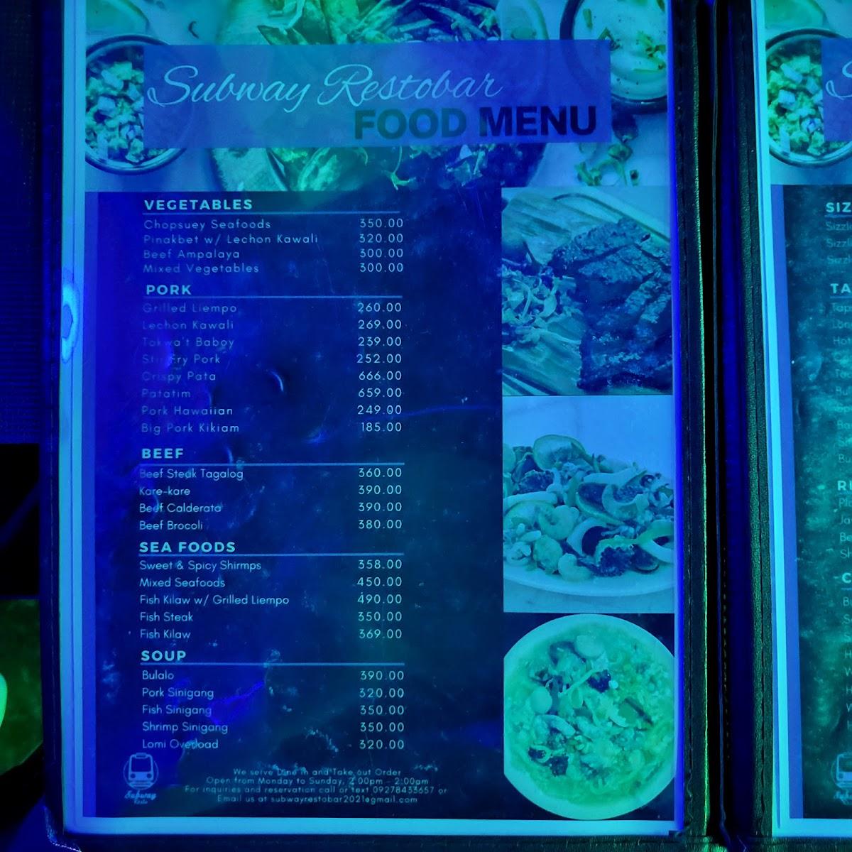 Menu at Subway Resto Bar, Legazpi City