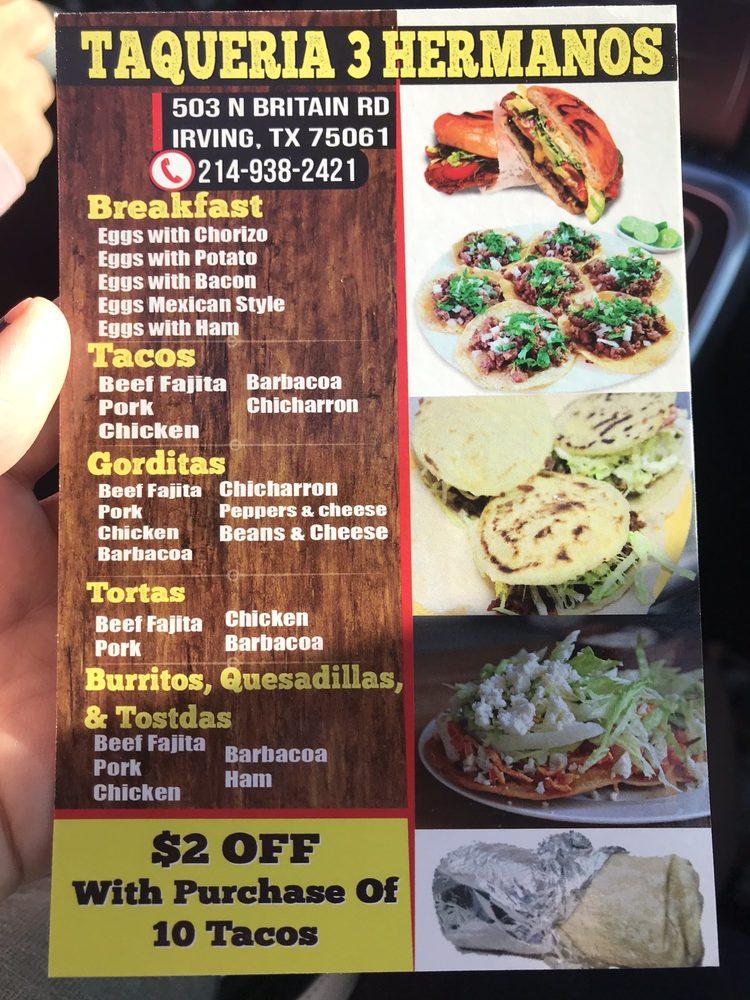 Menu at Taqueria 3 Hermanos restaurant, Irving