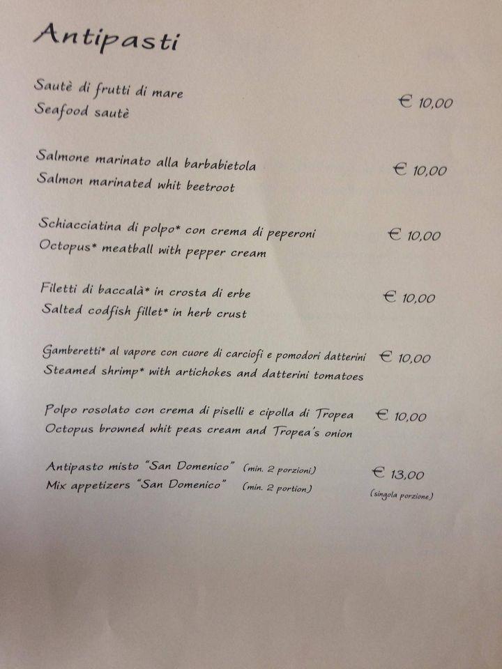 Speisekarte von Trattoria San Domenico restaurant, Monopoli