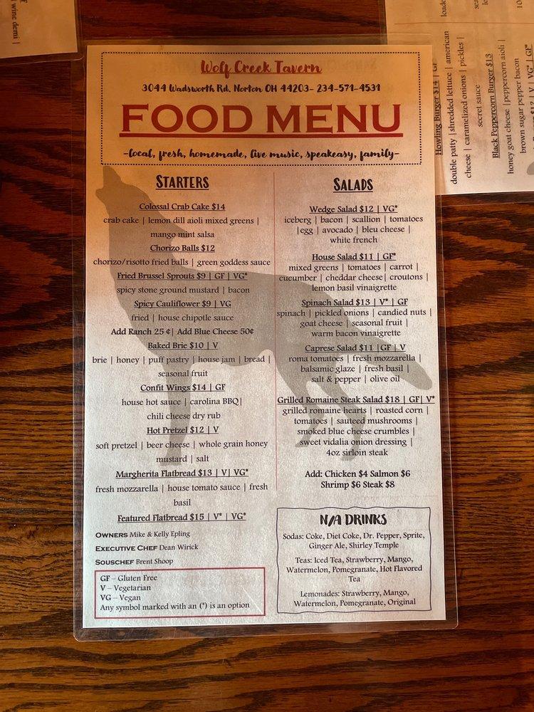 Menu at Wolf Creek Tavern restaurant, Norton