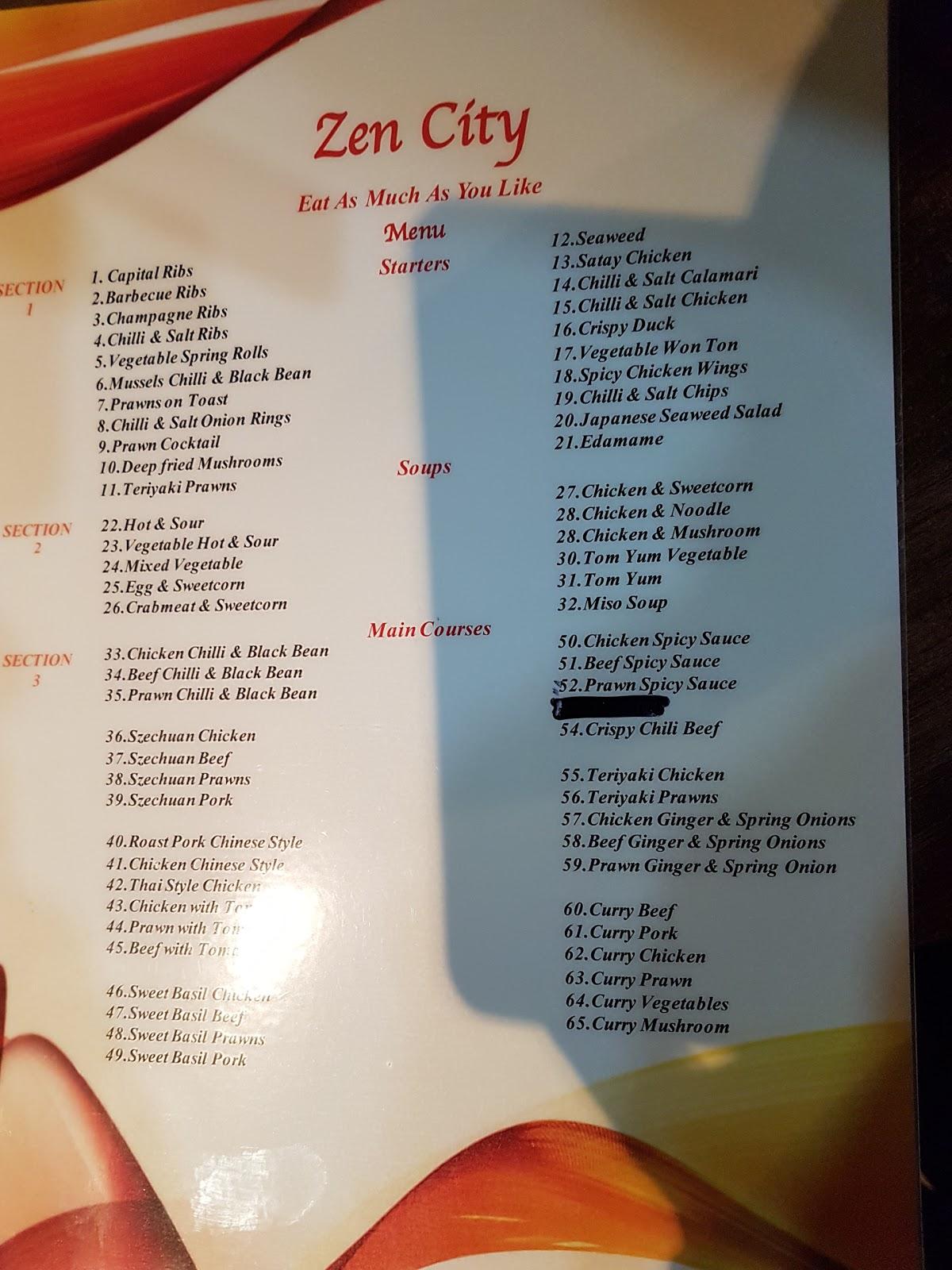 Menu at Zen City restaurant, Southend-on-Sea