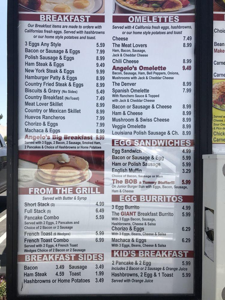 Menu at Angelo's Burgers restaurant, Moreno Valley