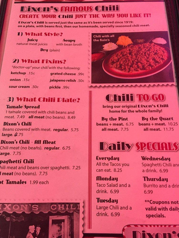 Menu at Dixon's Famous Chili Parlor restaurant, Independence