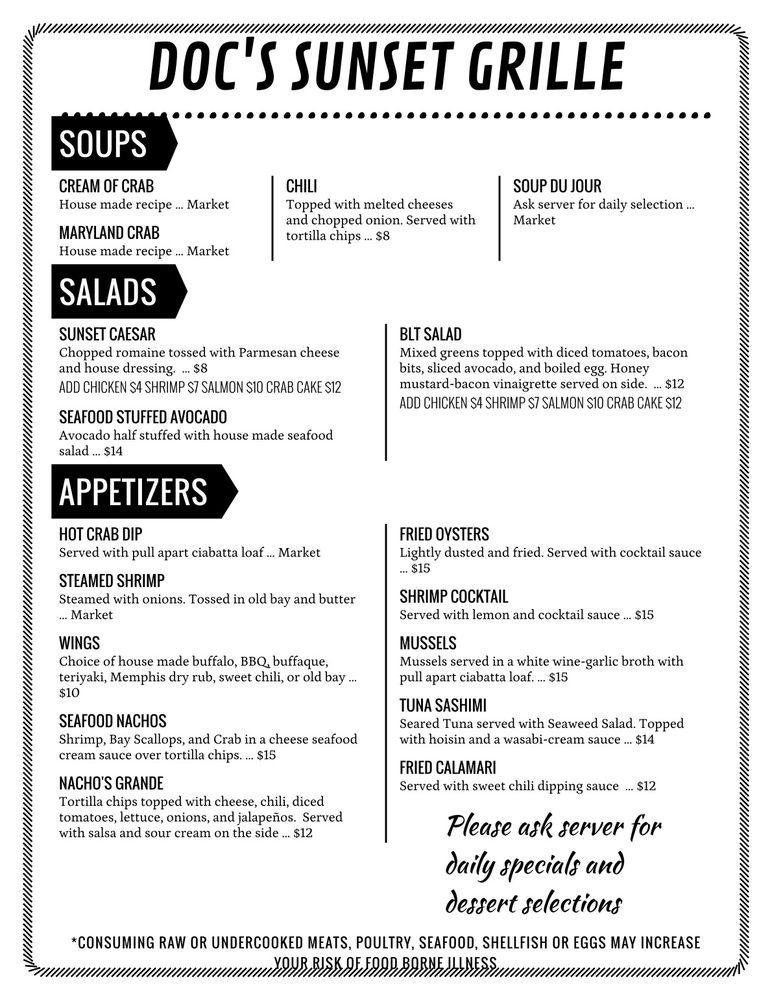 Menu at Doc's Sunset Grille restaurant, Oxford