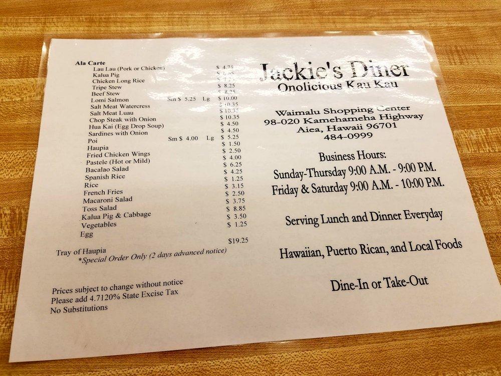 Menu at Jackie's Diner restaurant, Aiea